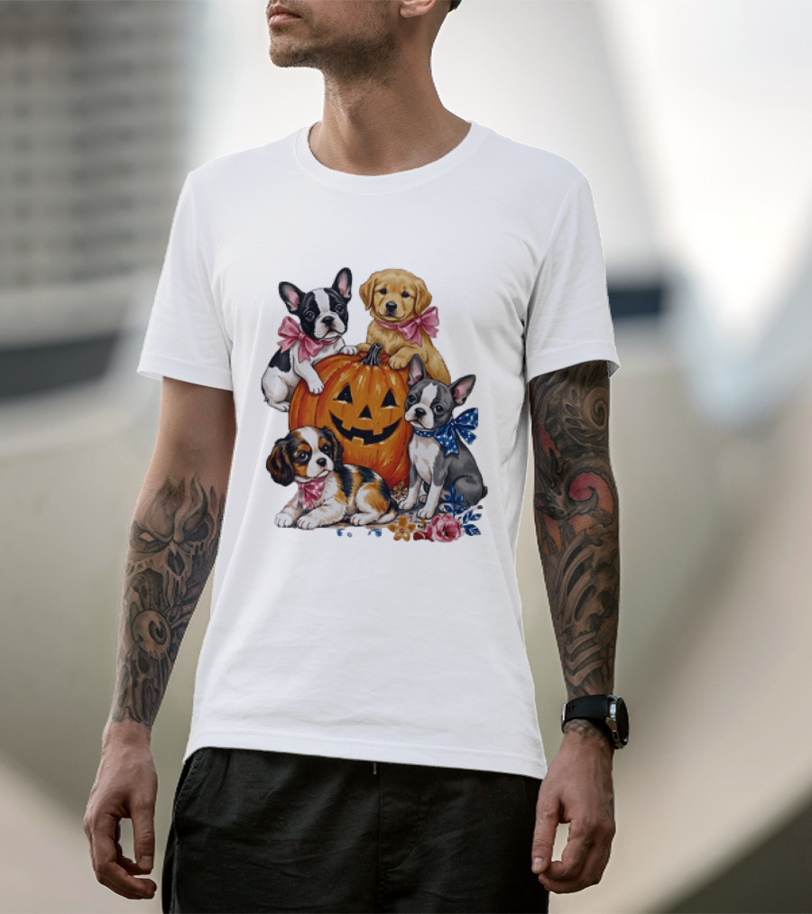 Puppies With Pink And Blue Bows Jack O' Lantern Pumpkin Halloween T-Shirt
