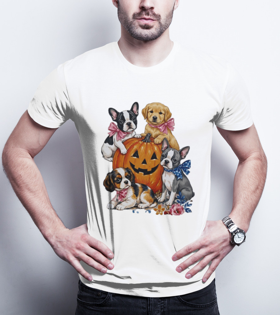 Puppies With Pink And Blue Bows Jack O' Lantern Pumpkin Halloween T-Shirt