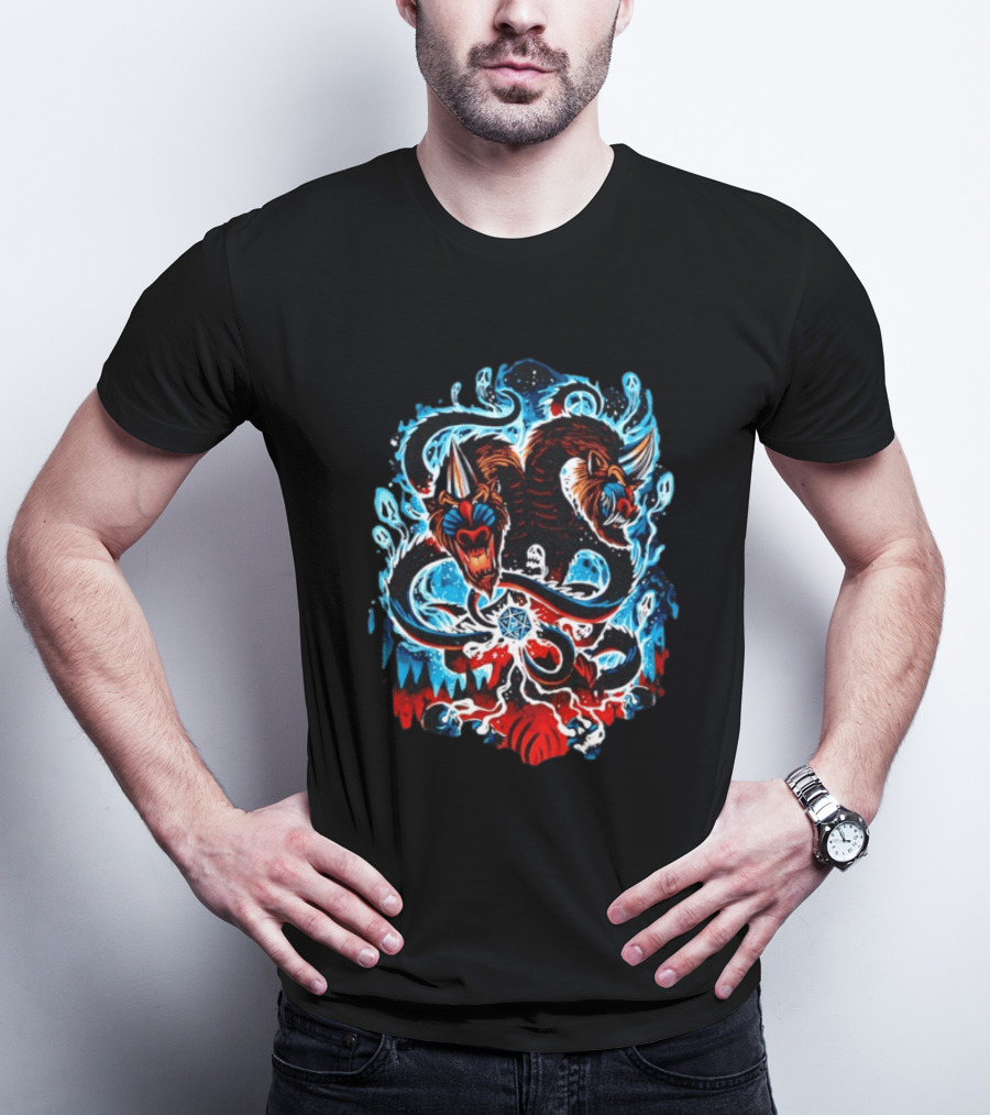 Demogorgon Dungeons And Dragons Two Heads Souls Blue Flames 20 T-Shirt