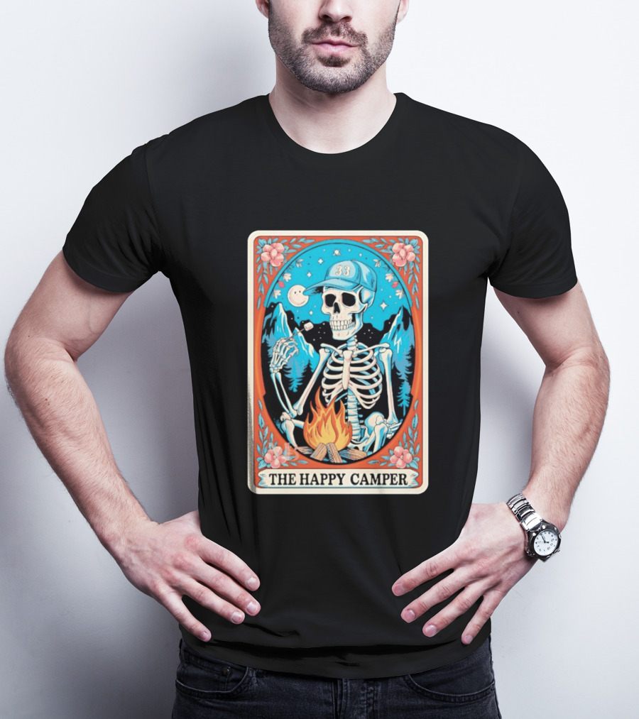 The Happy Camper Skeleton 33 Marshmallow Campfire Scene T-Shirt