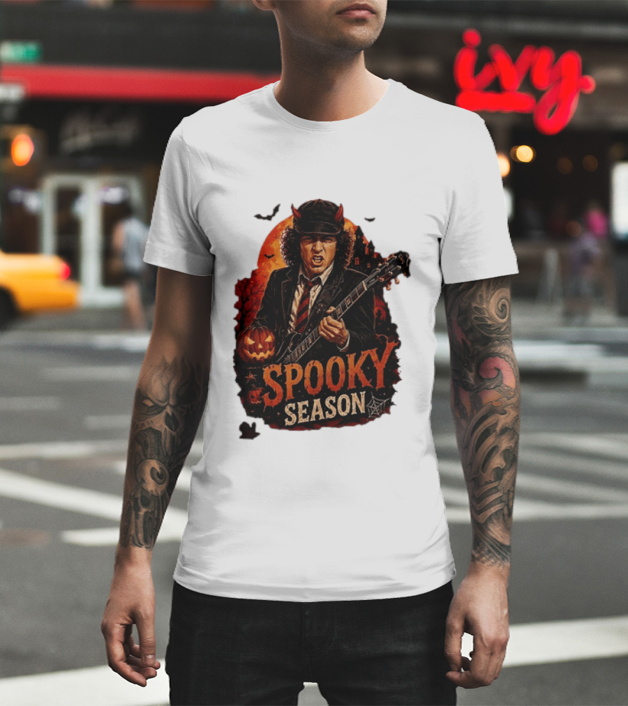 Spooky Season Angus Young Halloween AC DC Inspired Pumpkin Guitar T-Shirt