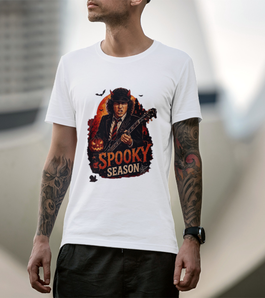 Spooky Season Angus Young Halloween AC DC Inspired Pumpkin Guitar T-Shirt