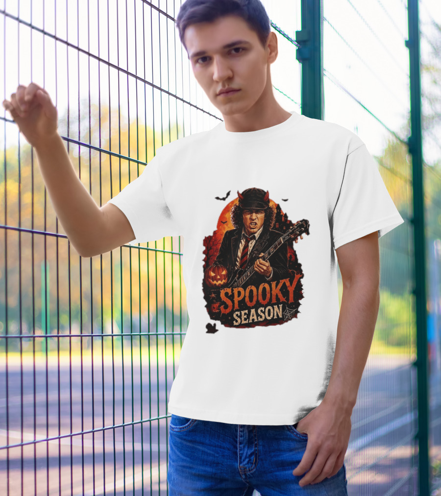 Spooky Season Angus Young Halloween AC DC Inspired Pumpkin Guitar T-Shirt