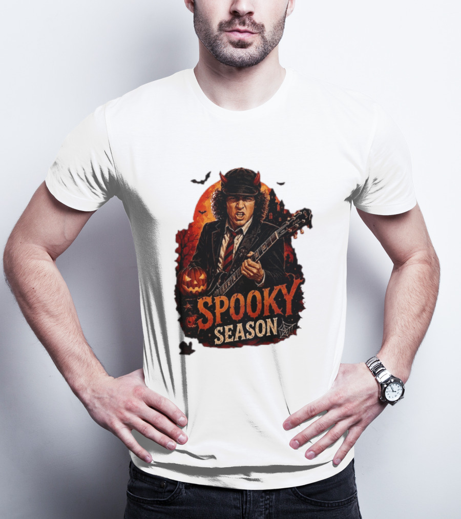 Spooky Season Angus Young Halloween AC DC Inspired Pumpkin Guitar T-Shirt