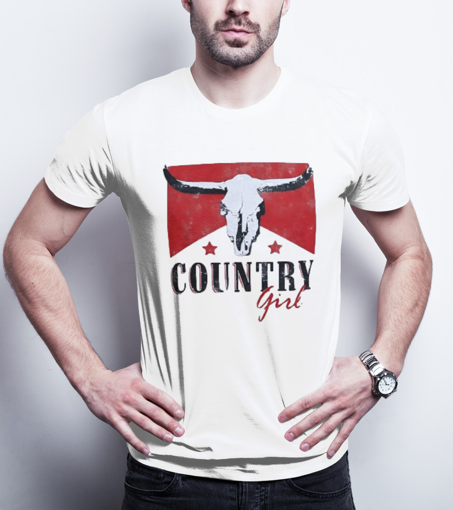 Country Girl Western Bull Skull Red Star Banner T-Shirt