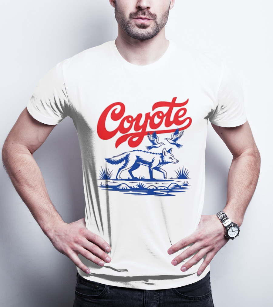 Coyote With Birds In Desert Scene Wild Western Desert T-Shirt