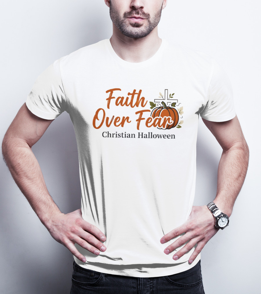 Faith Over Fear Christian Halloween Pumpkin Cross T-Shirt