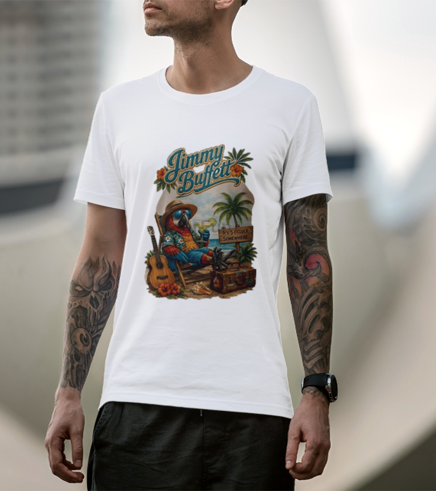 Jimmy Buffett It's 5 O' Somewhere Tropical Parrot Beach Guitar Cocktails Palm Trees T-Shirt