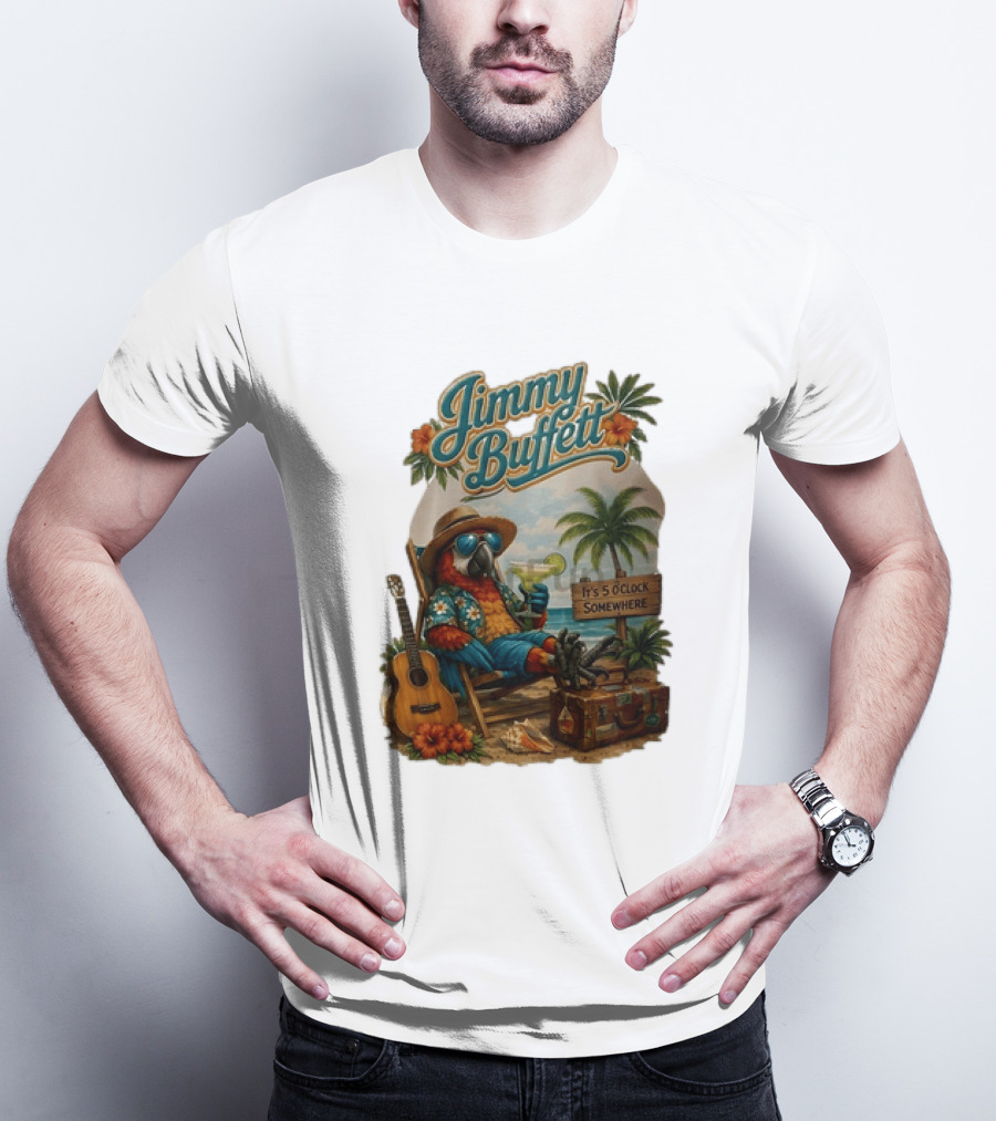 Jimmy Buffett It's 5 O' Somewhere Tropical Parrot Beach Guitar Cocktails Palm Trees T-Shirt