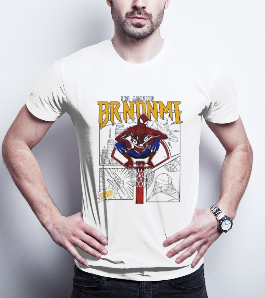 The Amazing Brndnme Spider Man Squatting On Basketball Hoop Cityscape Comic Panels T-Shirt