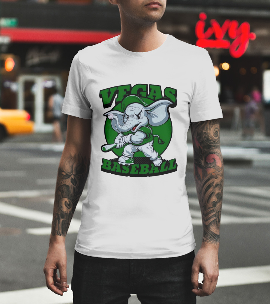Vegas Baseball Elephant Batting Green T-Shirt