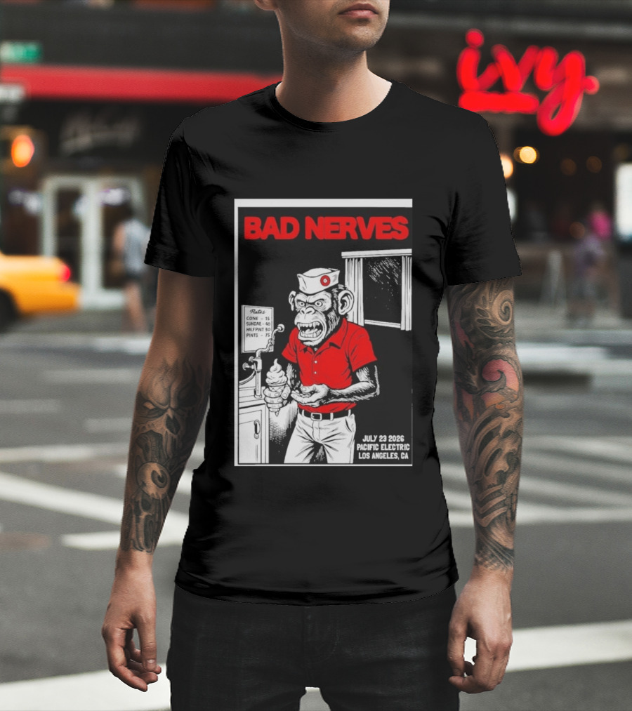 Bad Nerves July 23 2026 Pacific Electric Los Angeles Monkey Ice Cream Server Comic T-Shirt