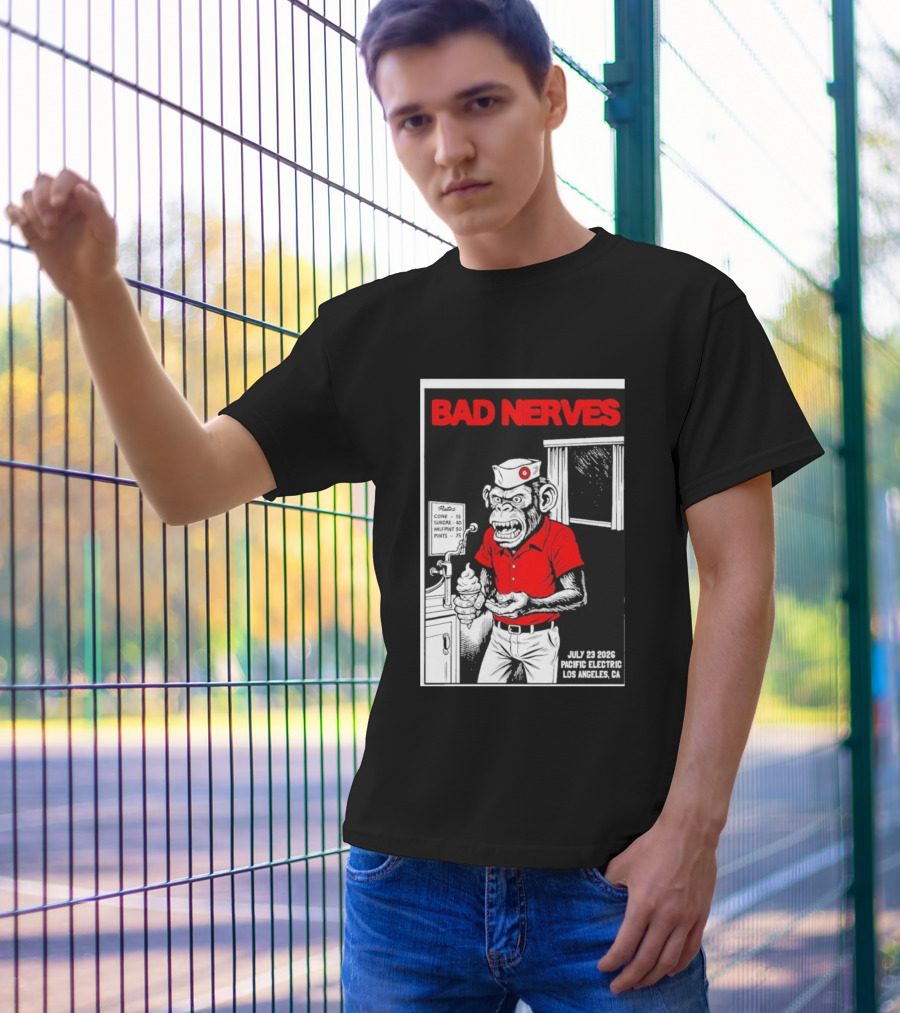 Bad Nerves July 23 2026 Pacific Electric Los Angeles Monkey Ice Cream Server Comic T-Shirt