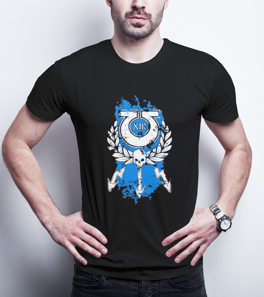 XIII Ultramarines Distressed Warhammer 40k Skull Lightning Laurel T-Shirt