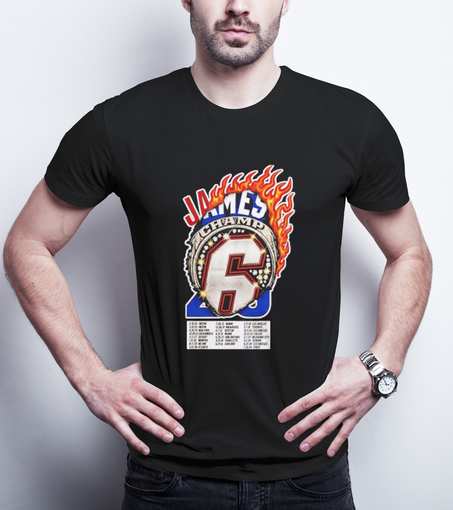 LeBron James Champ 6 Milestone Dates Cleveland Miami Los Angeles 2012 2013 2016 2020 T-Shirt