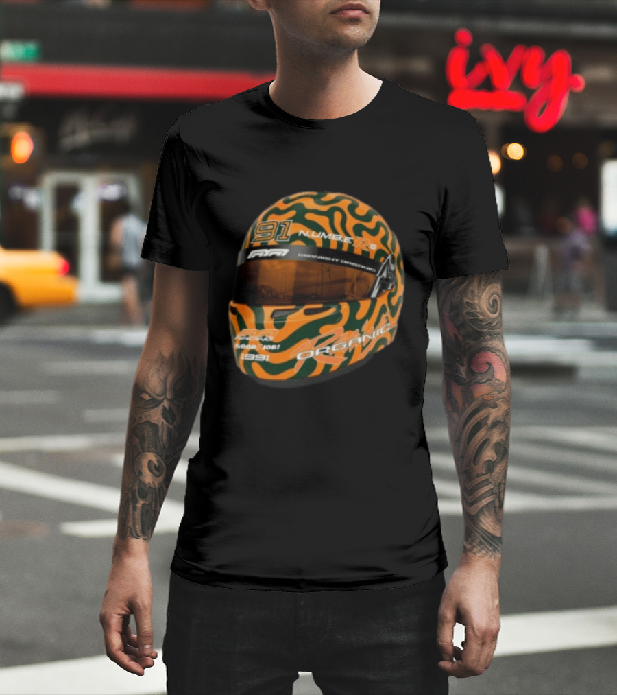 Midnight Organic Store Formula Helmet 91 Number 1991 RPM Orange Green T-Shirt