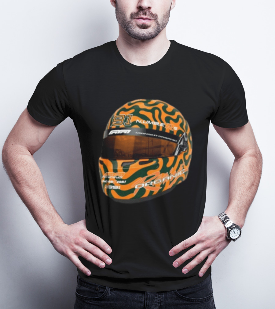 Midnight Organic Store Formula Helmet 91 Number 1991 RPM Orange Green T-Shirt
