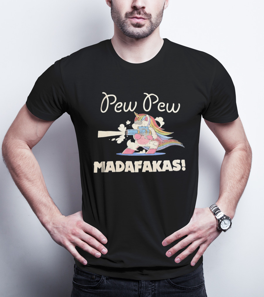 Pew Pew Madafakas Distressed Unicorn Funny Meme T-Shirt