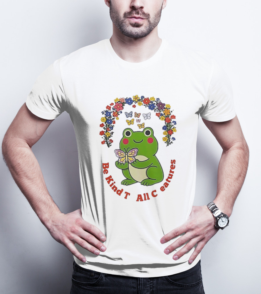 Be Kind To All Creatures Frog Butterfly Floral Rainbow T-Shirt
