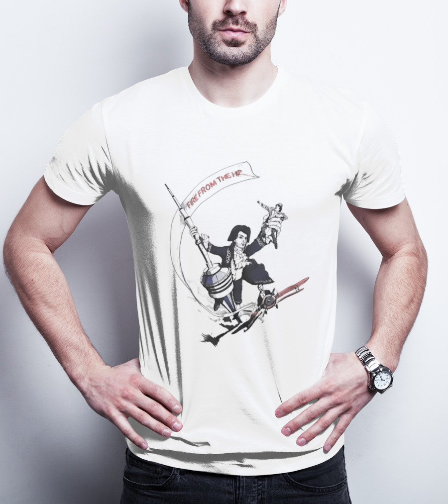 Fire From The Hip Surrealist Surreal Gun Wielding Figure Banner T-Shirt