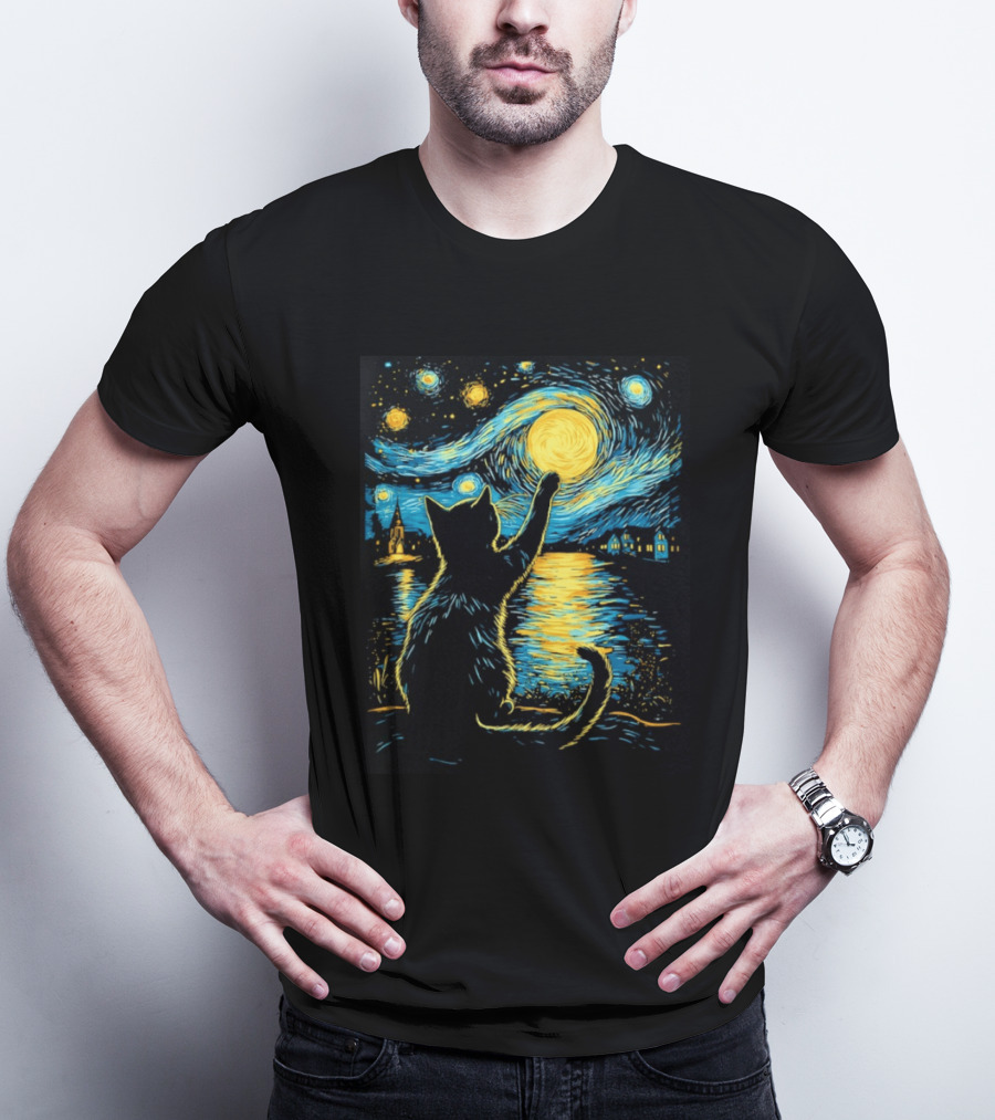 Cat Reaching For The Moon Starry Night Van Gogh Inspired Scene T-Shirt