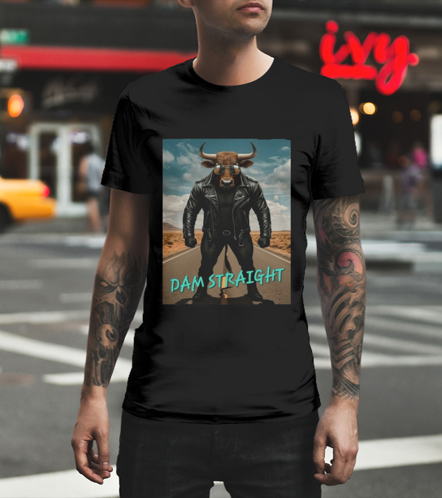 Dam Straight Charging Bull In Basquiat Style With Leather Jacket T-Shirt