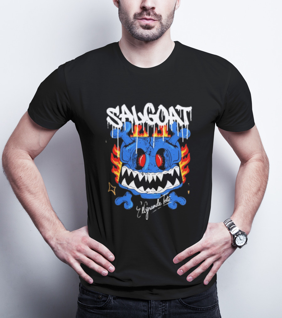 ElGrandeToto Salgoat Hip Hop Streetwear Blue Skull Flame T-Shirt