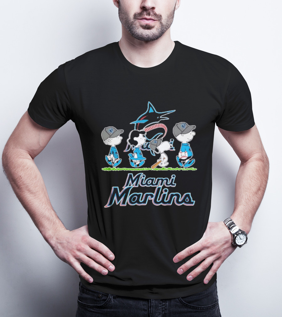 Miami Marlins Peanuts Characters Baseball Team T-Shirt