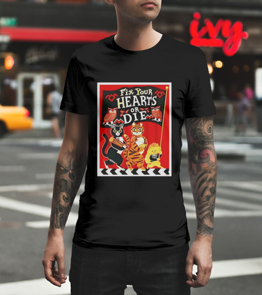 Twin Peaks Cats Fix Your Hearts Or Die David Lynch Owls Red Banner T-Shirt