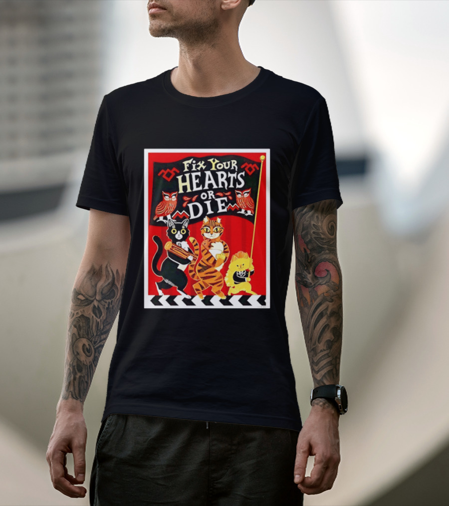 Twin Peaks Cats Fix Your Hearts Or Die David Lynch Owls Red Banner T-Shirt
