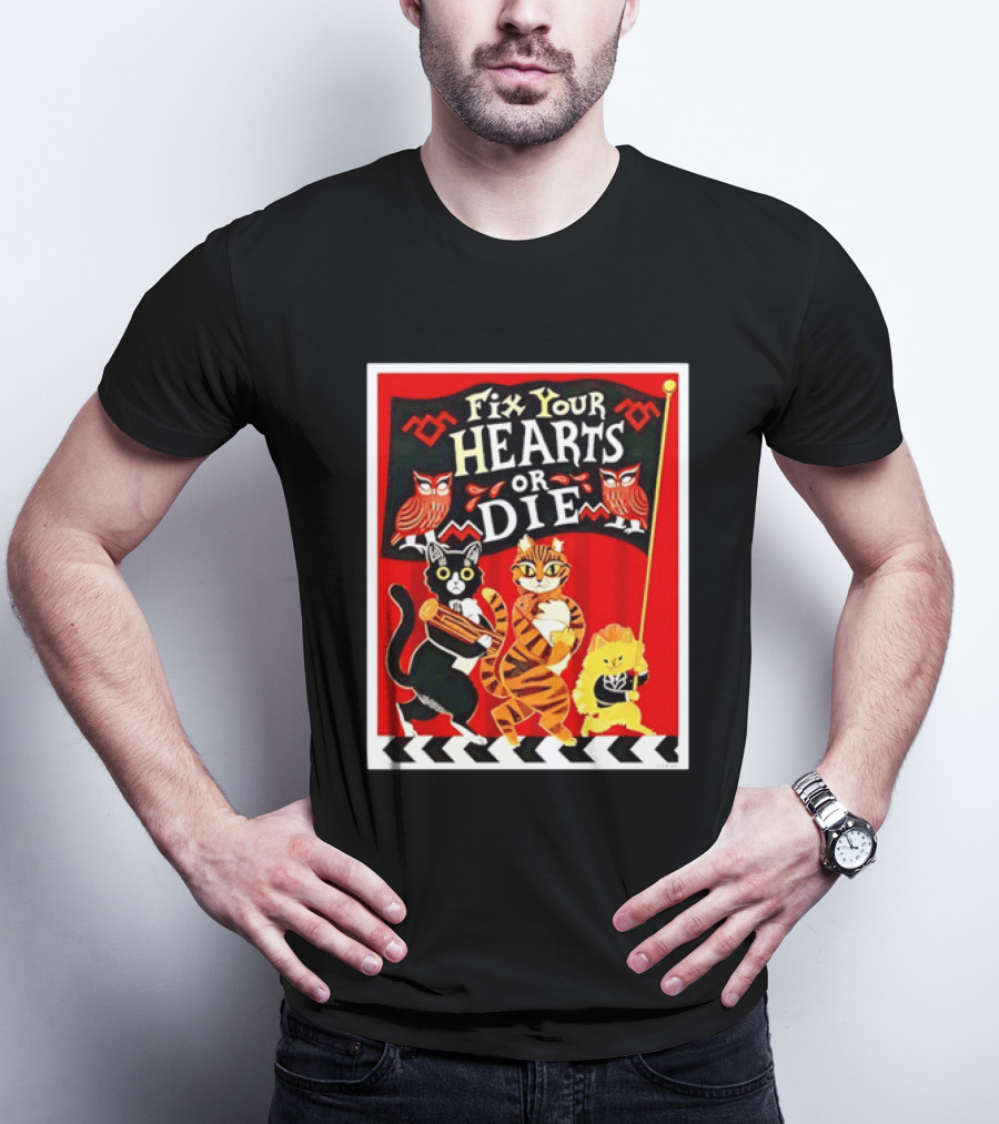 Twin Peaks Cats Fix Your Hearts Or Die David Lynch Owls Red Banner T-Shirt