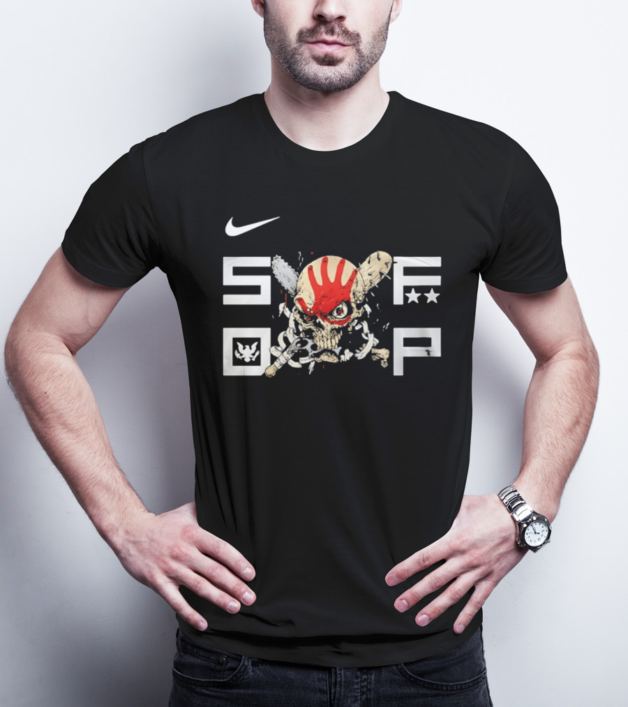 SDFP Skull Chains Brass Knuckles Design With Nike Logo And Red Handprint T-Shirt