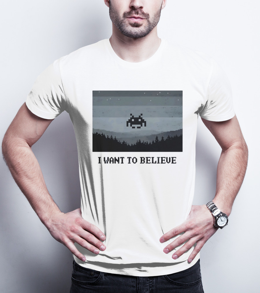 I Want To Believe Space Invader Pixel UFO Forest Scene T-Shirt