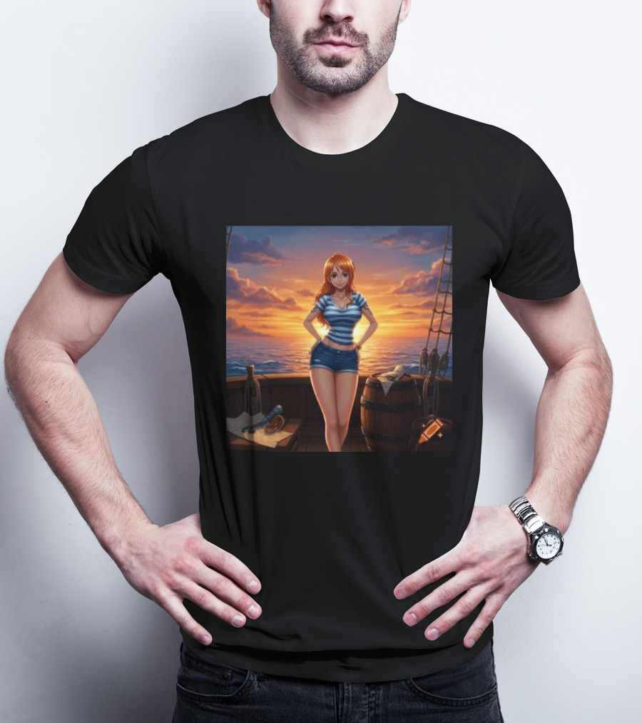 Nami One Piece Joyful Sunset Pirate Ship Ocean Scene T-Shirt
