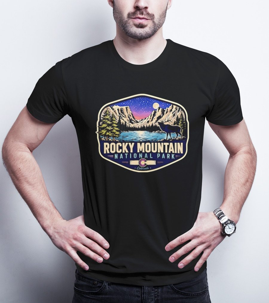 Rocky Mountain National Park Elk Wildlife Colorado Moonlit Lake T-Shirt