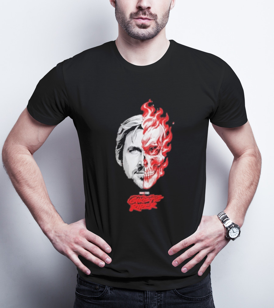 Ryan Gosling Ghost Rider 2028 Split Face Fiery Skull T-Shirt