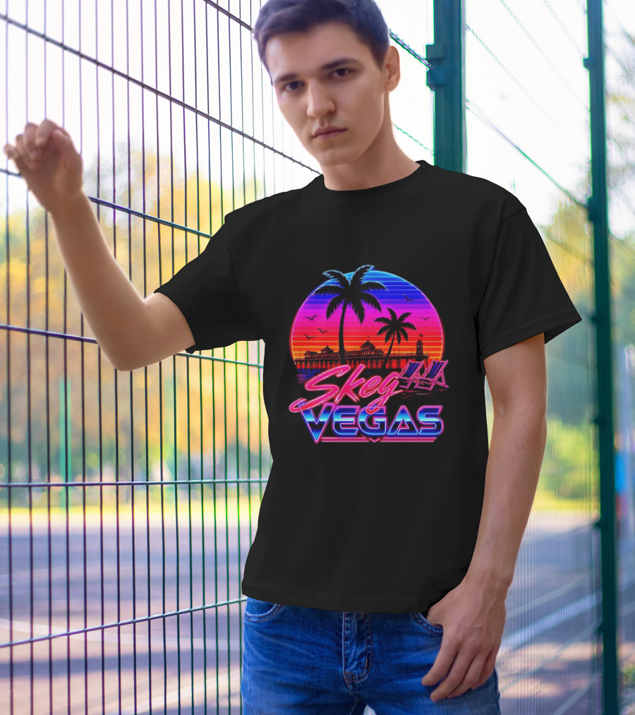 Skeg Vegas Beach Pier Sunset Skegness Retro Neon T-Shirt