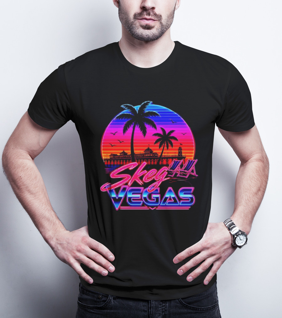 Skeg Vegas Beach Pier Sunset Skegness Retro Neon T-Shirt