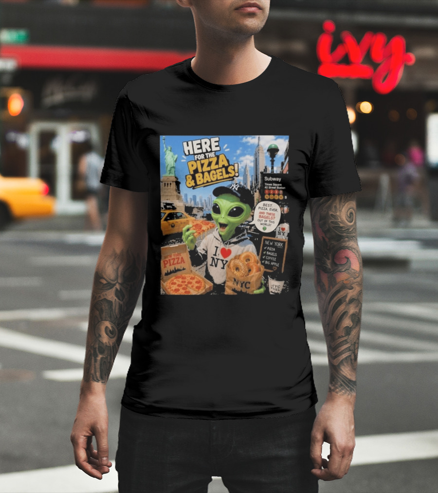 NYC Alien Loves Pizza And Bagels With Statue Of Liberty And Times Square Subway T-Shirt