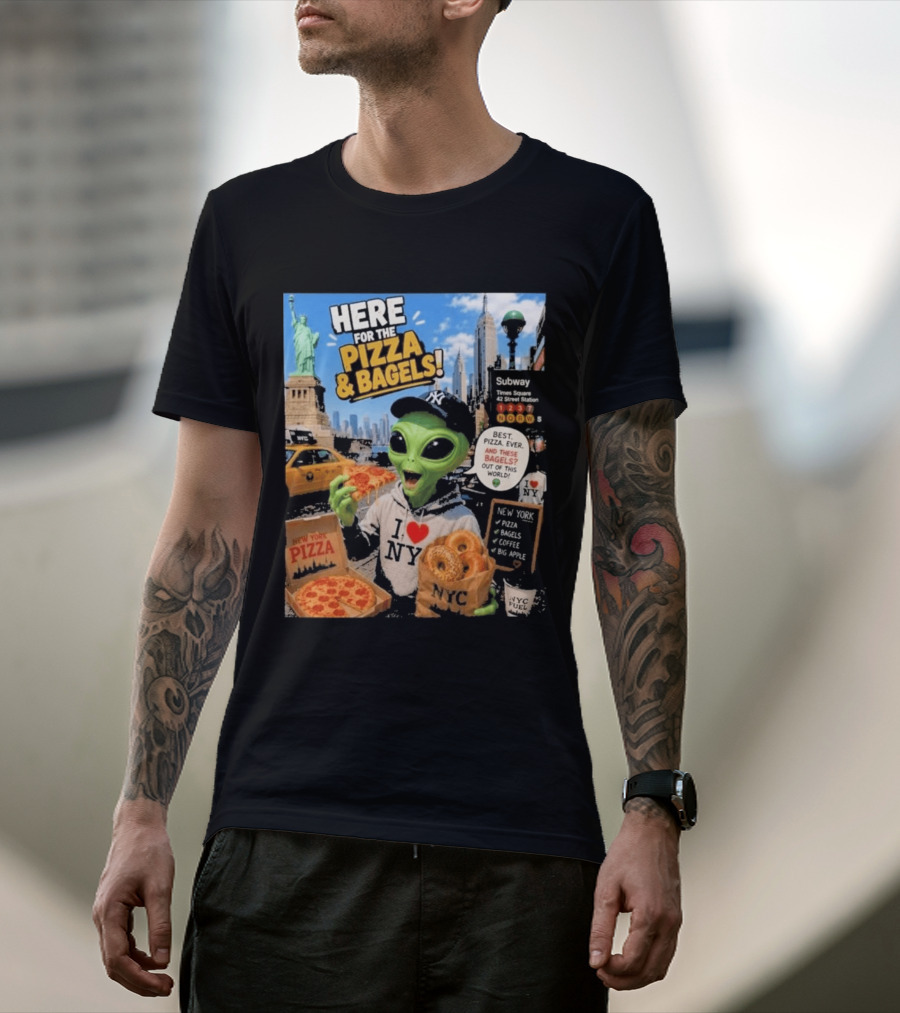 NYC Alien Loves Pizza And Bagels With Statue Of Liberty And Times Square Subway T-Shirt