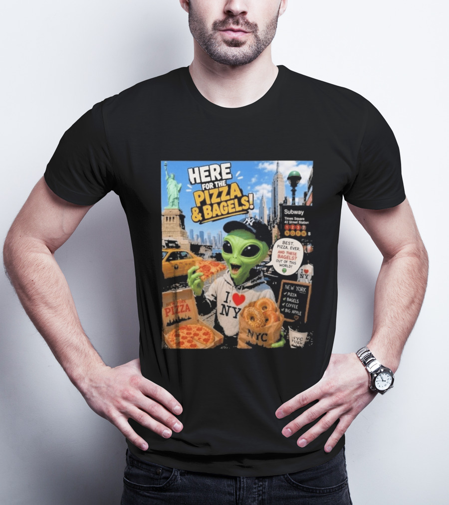 NYC Alien Loves Pizza And Bagels With Statue Of Liberty And Times Square Subway T-Shirt