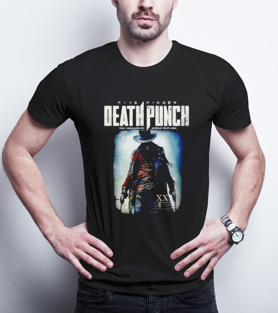 Five Finger Death Punch 20th Anniversary World Tour 2026 Cowboy Imagery With Knuckle Duster And Pistols T-Shirt
