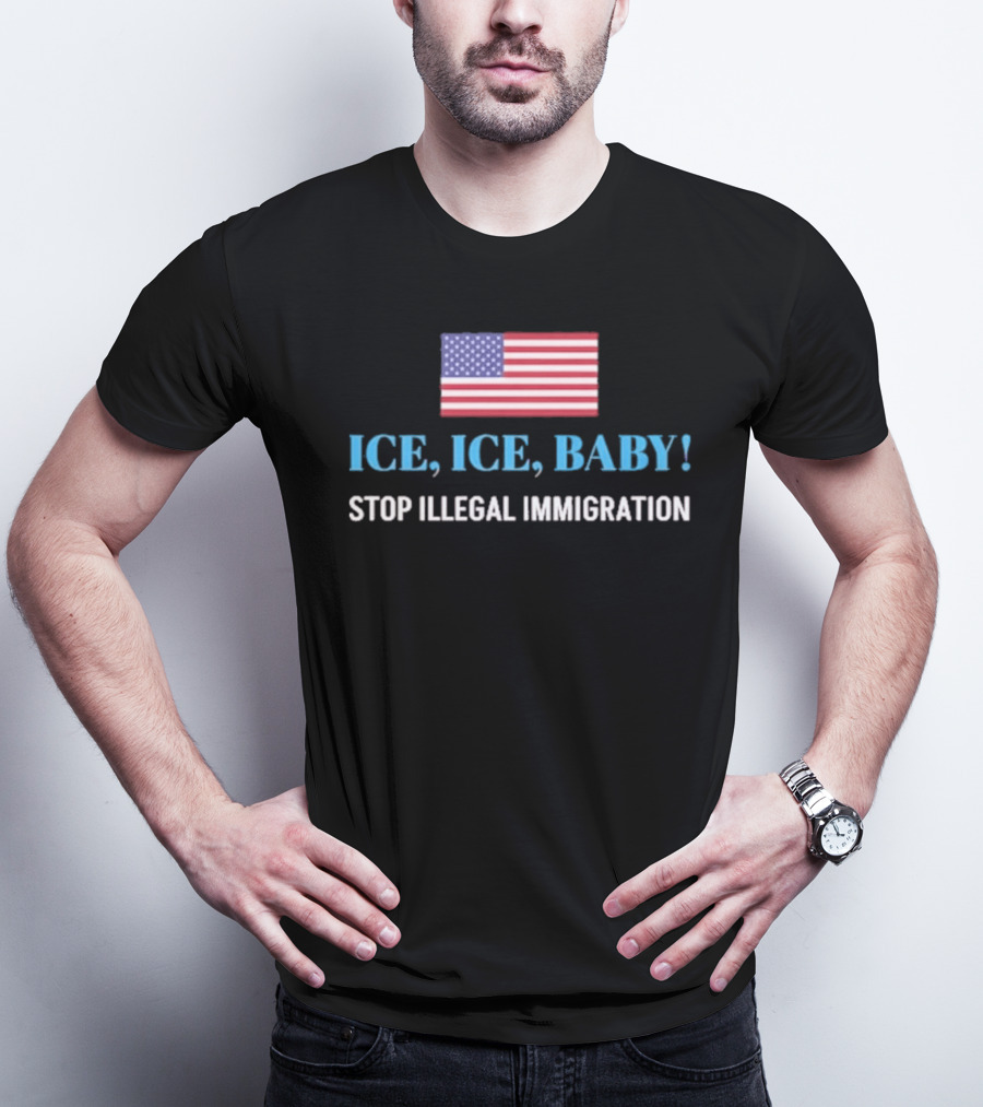 ICE ICE BABY Stop Illegal Immigration USA Flag T-Shirt