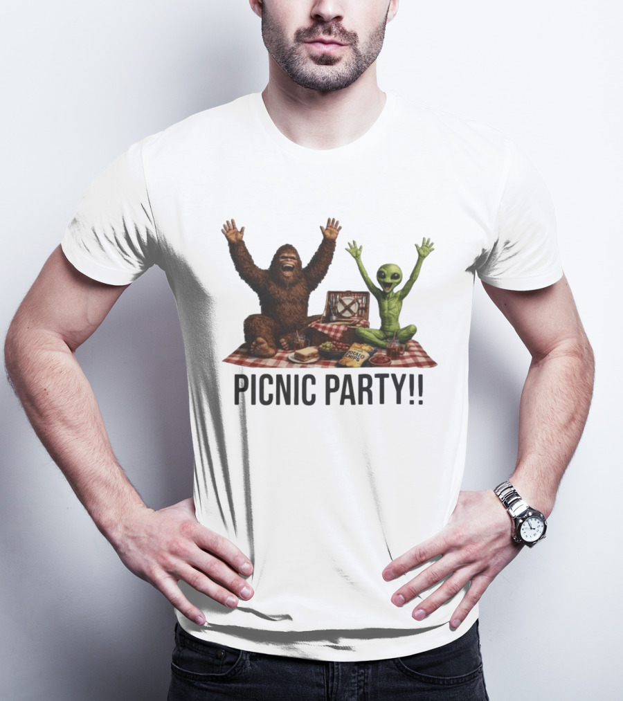 Bigfoot And Alien Picnic Party With Chips And Sandwiches T-Shirt