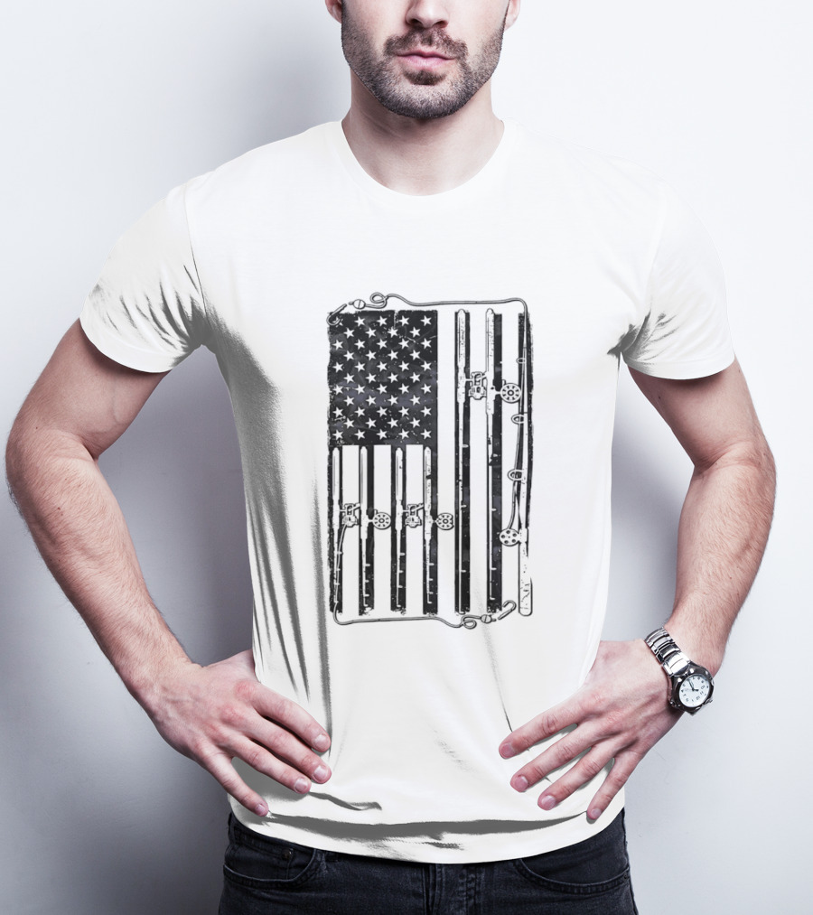Distressed American Flag Fishing Rod Patriotic USA Angling Stars And Stripes T-Shirt