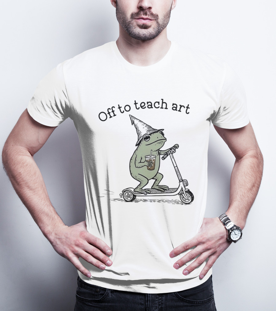 Frog Off To Teach Art With Iced Coffee On Scooter T-Shirt