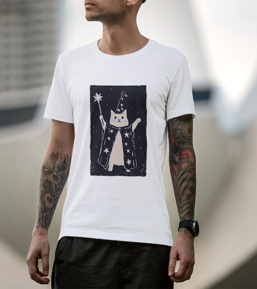The Magician Cat Tarot Card Wizard Hat Starry Cloak Magic Wand T-Shirt