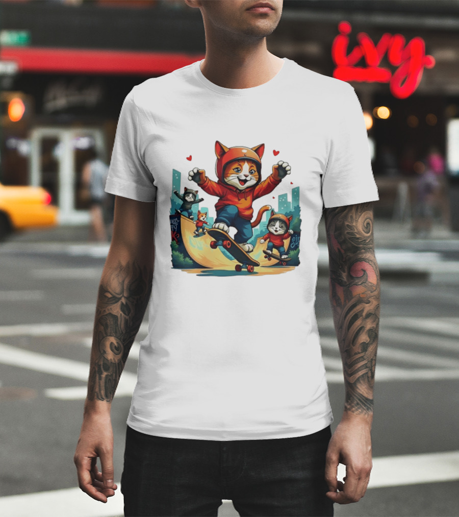 Skateboarding Cats In Helmets With Hearts And Cityscape T-Shirt