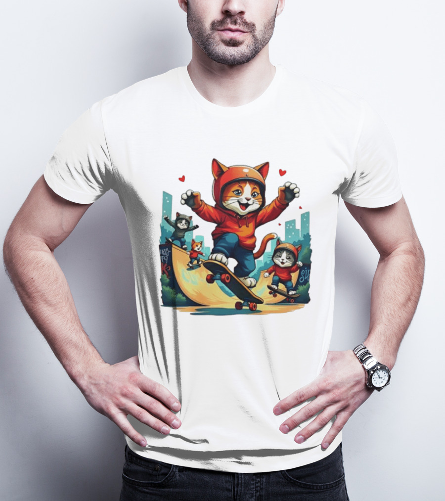 Skateboarding Cats In Helmets With Hearts And Cityscape T-Shirt