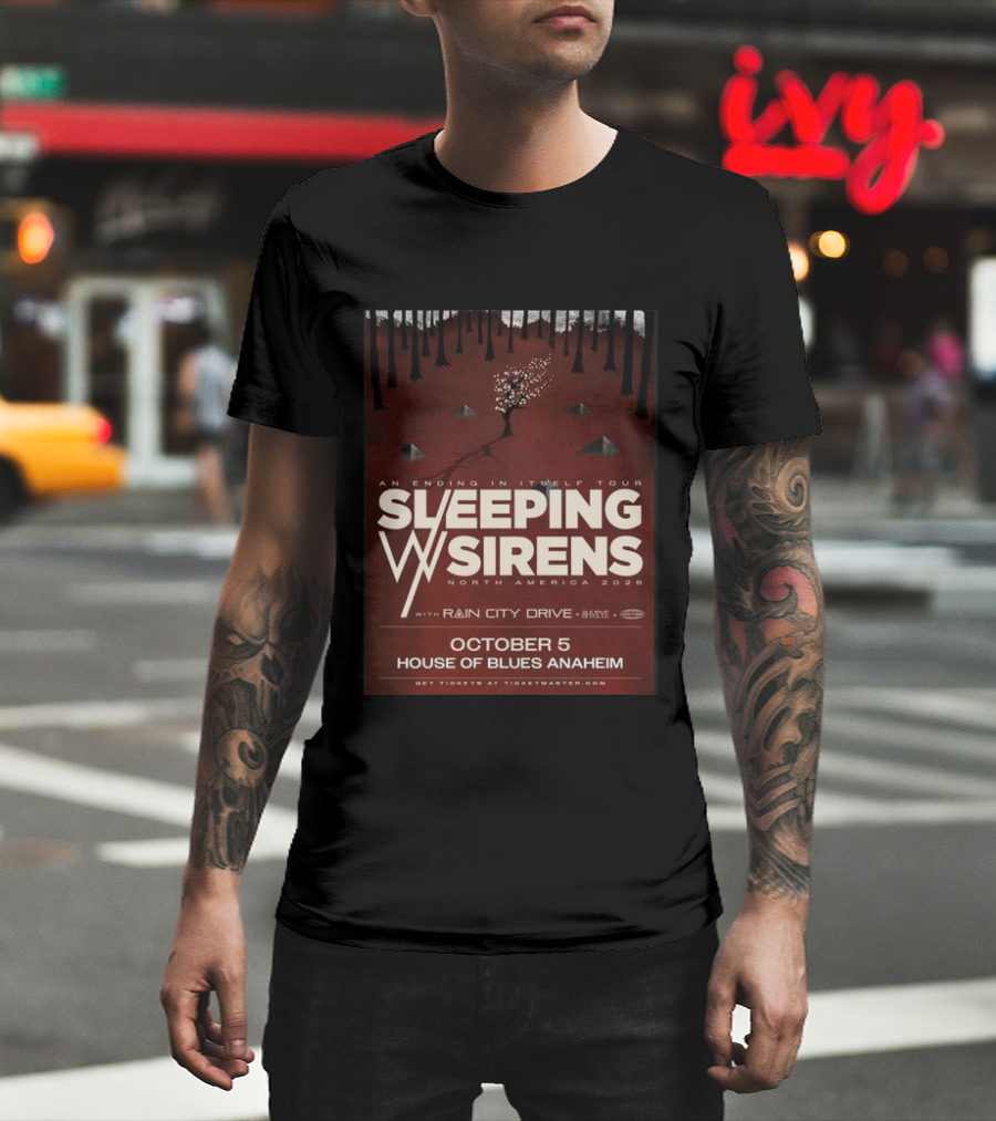 An Ending In Itself Tour Sleeping Sirens North America 2026 October 5 House Of Blues Anaheim Rain City Drive Eye🎵 T-Shirt